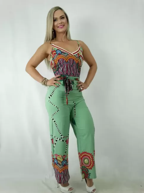 Macacão em Viscose Decote V com detalhes Verde Estampa Etnica [1901250 ...